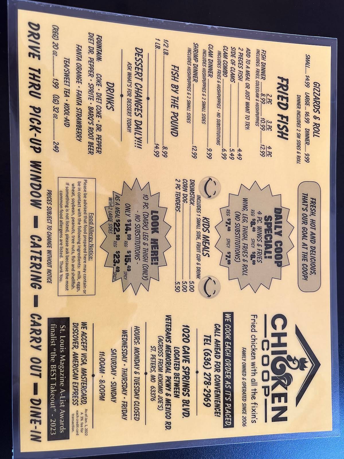 Menu at Chicken Coop fast food, St. Peters