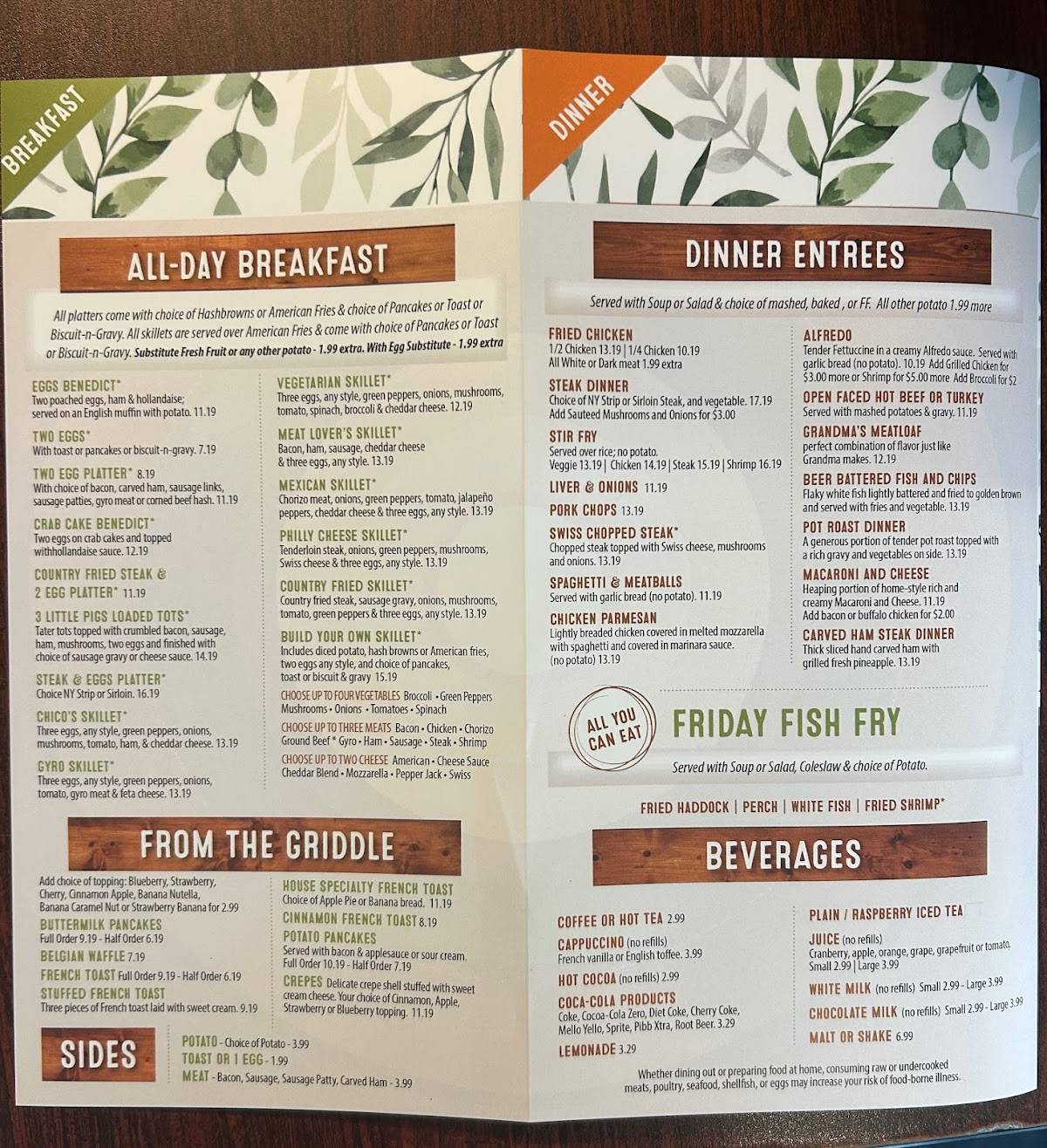 Menu at Chico's Cafe, Combined Locks