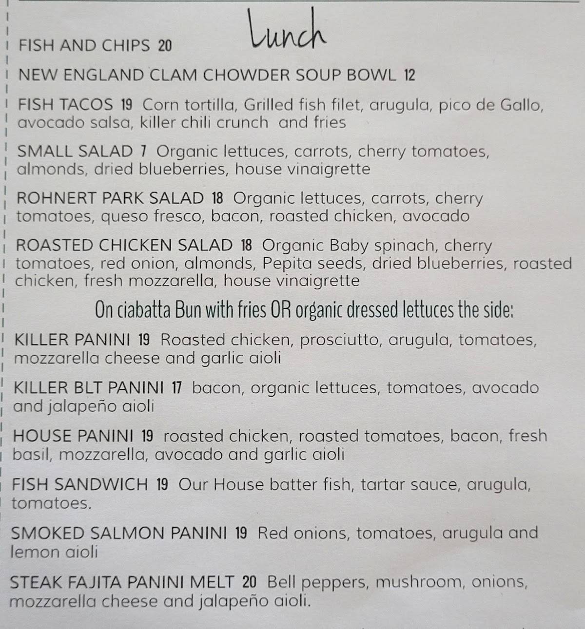 Menu at Chila-killer cafe, Rohnert Park