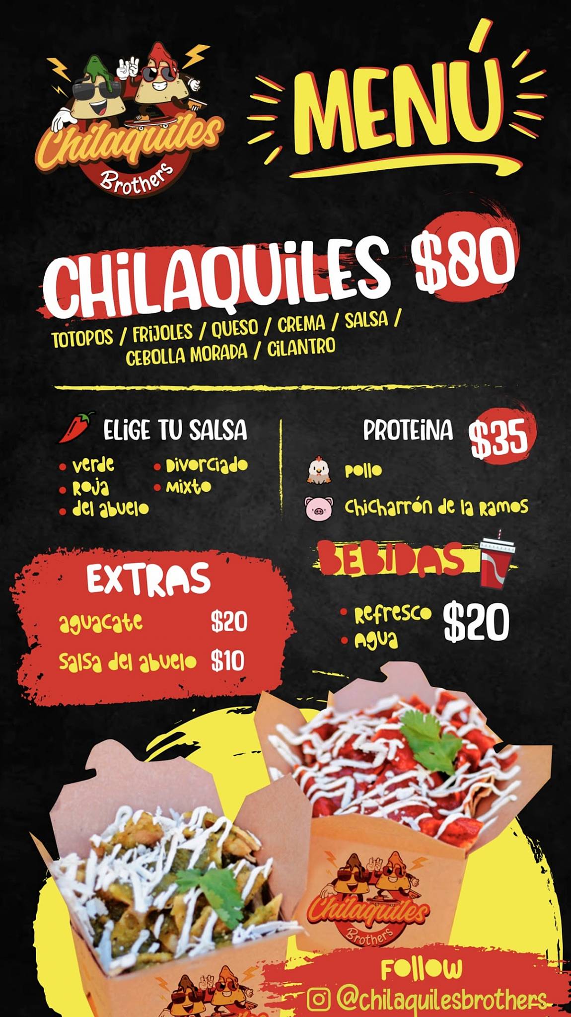 Menu at Chilaquiles Brothers restaurant, San Nicolás de los Garza