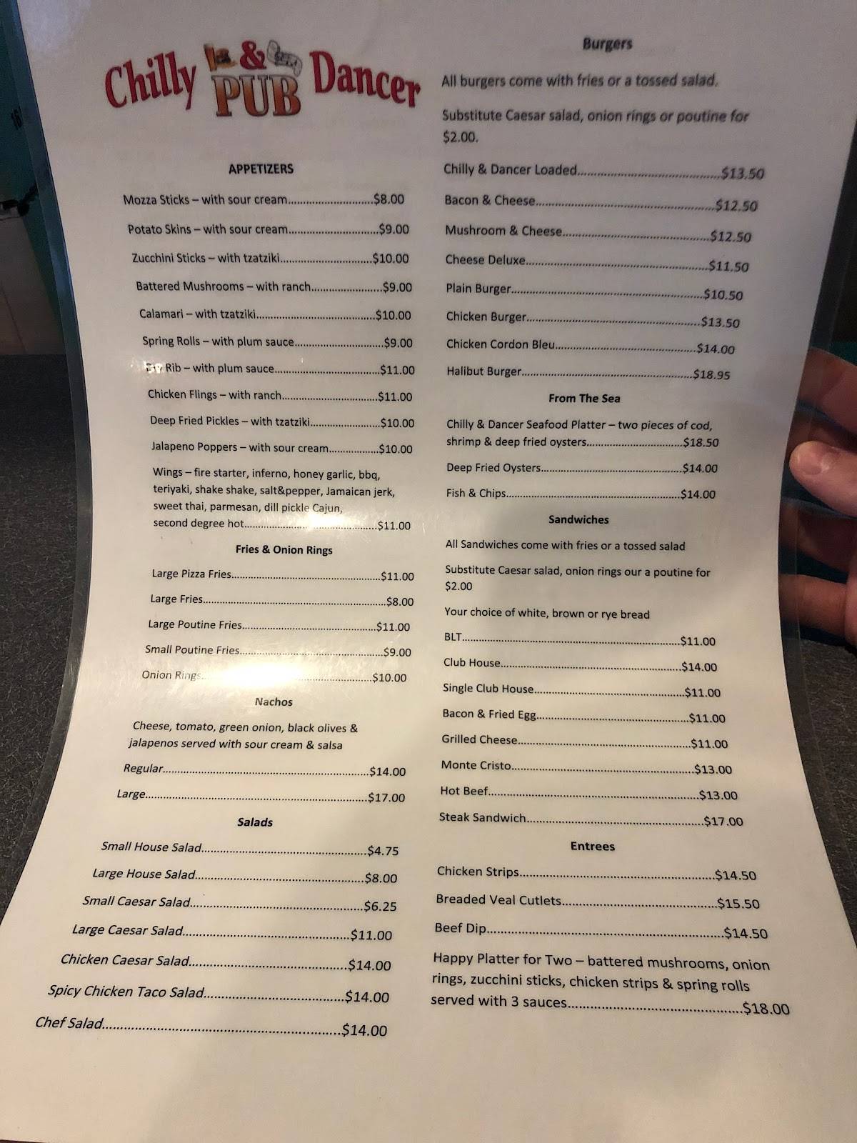 Menu at Chilly & Dancer Pub, Kitimat