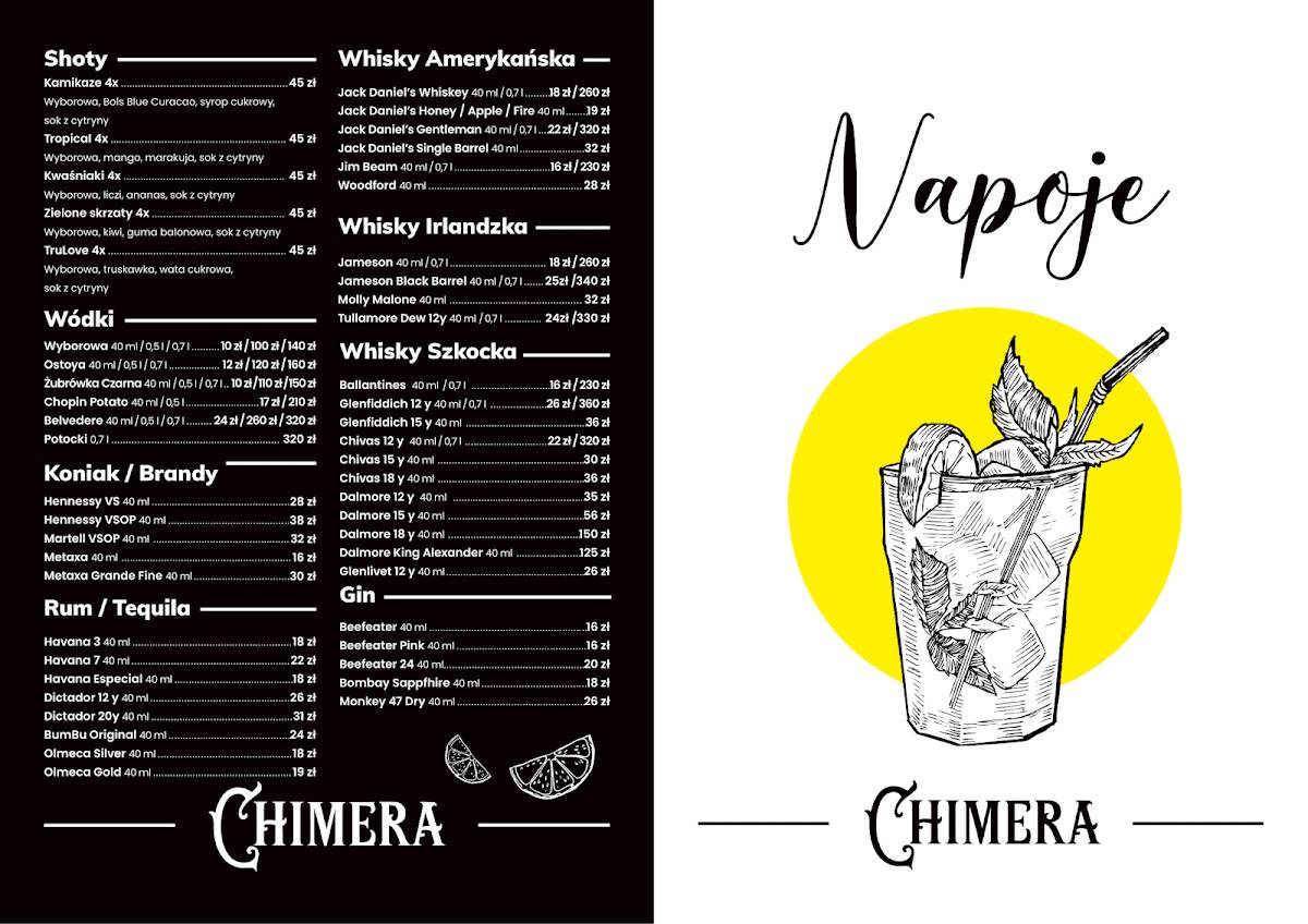 Menu at Chimera restaurant, Wloclawek