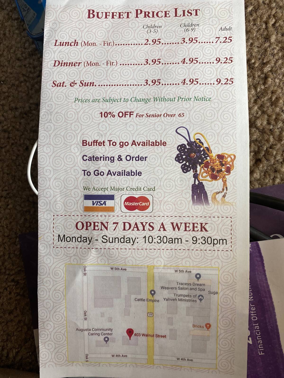 Menu at King Buffet restaurant, Augusta