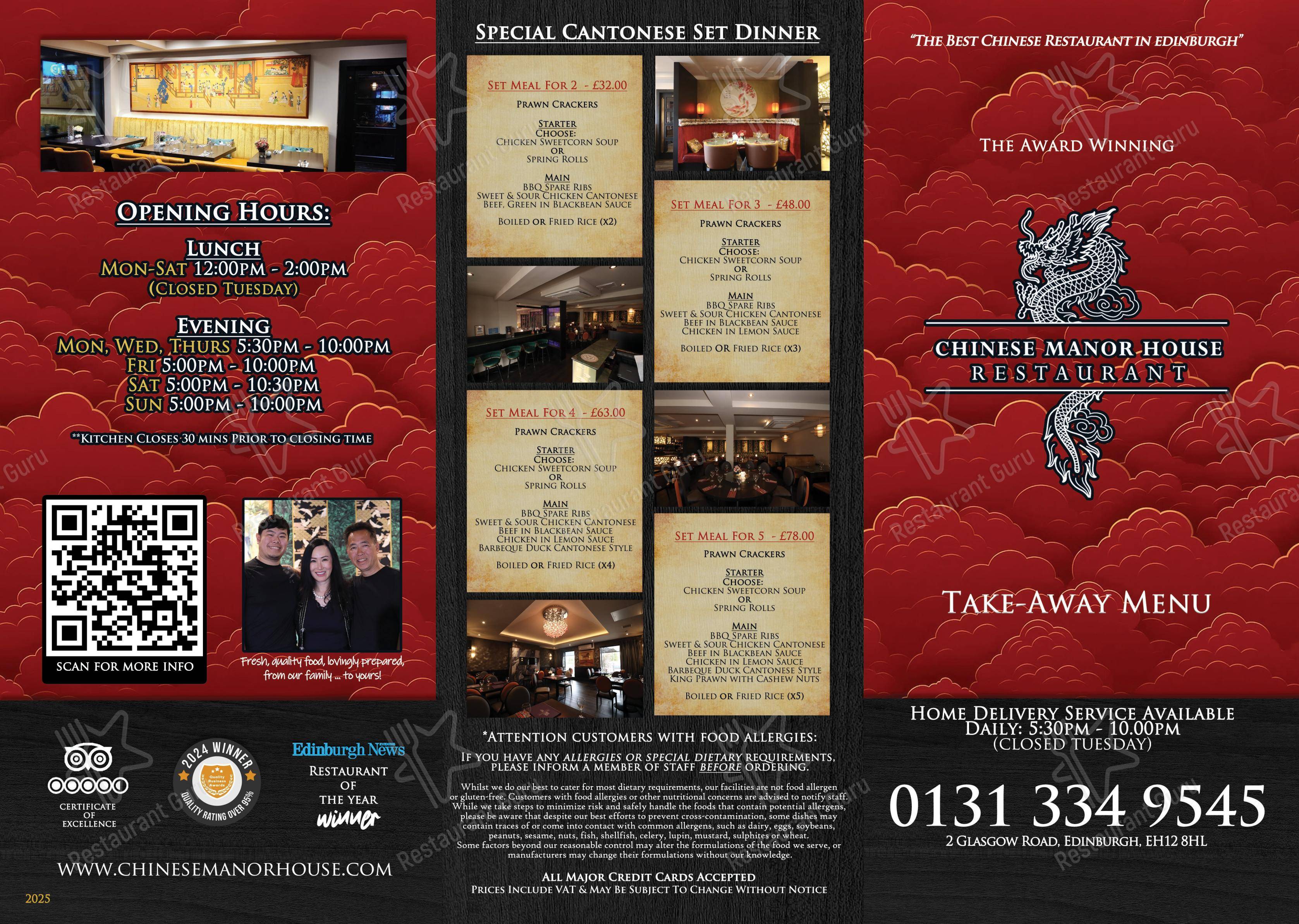 Menu at Chinese Manor House restaurant, Edinburgh, 2 Glasgow Rd