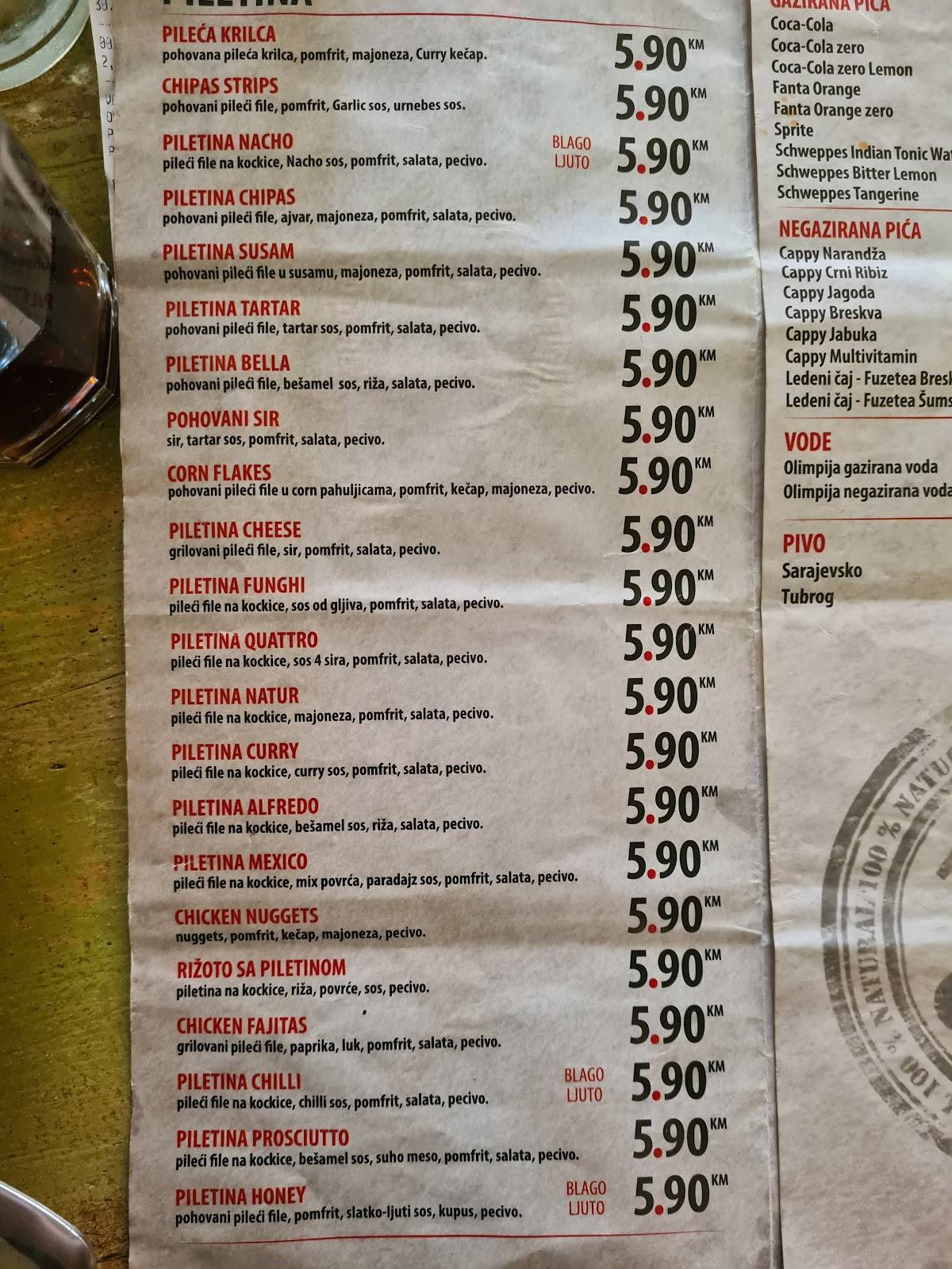 Menu at Chipas restaurant, Sarajevo