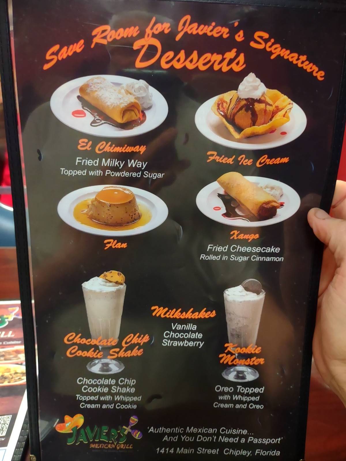 Menu at Javier's Mexican Grill restaurant, Chipley, Main St