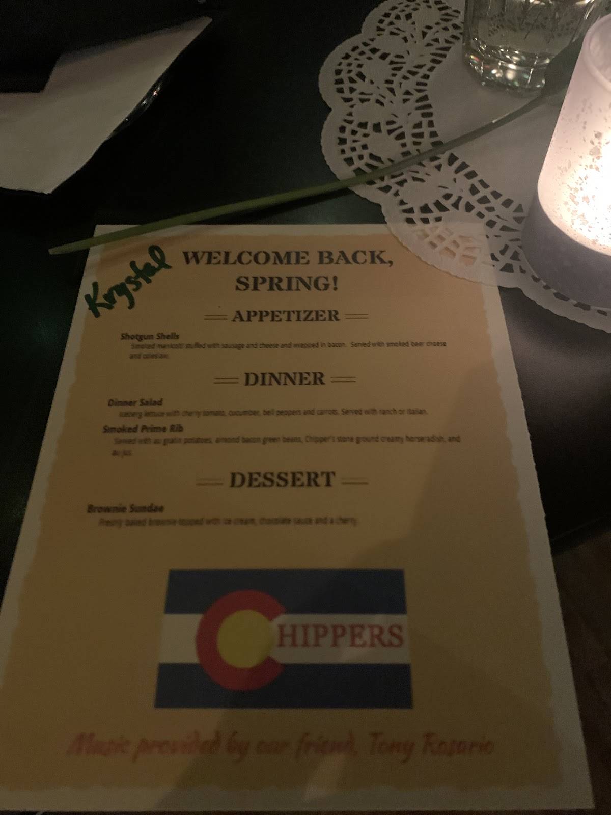 Menu at Chippers pub & bar, Meeker