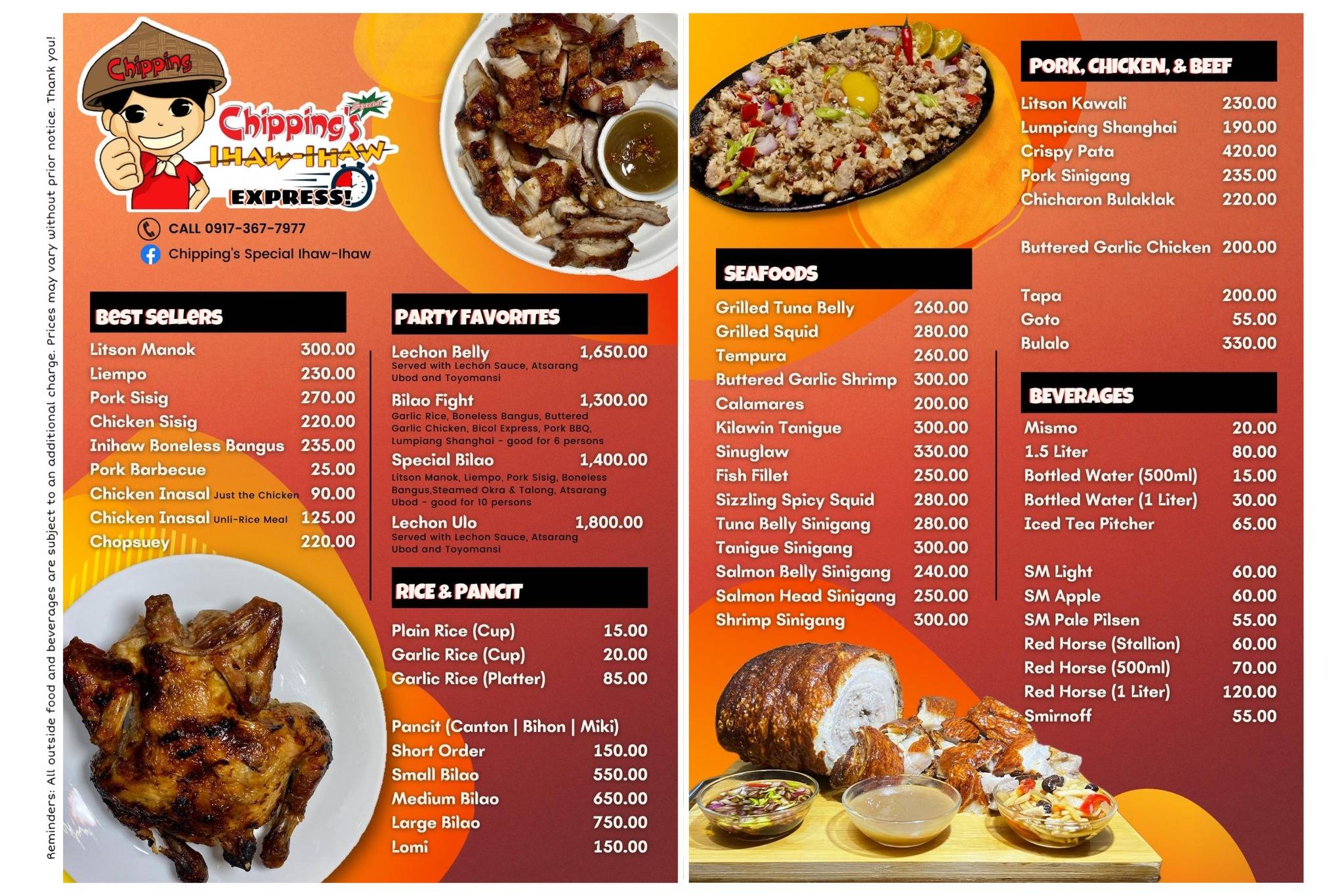 Menu at Chipping's Special Ihaw-Ihaw restaurant, Calapan