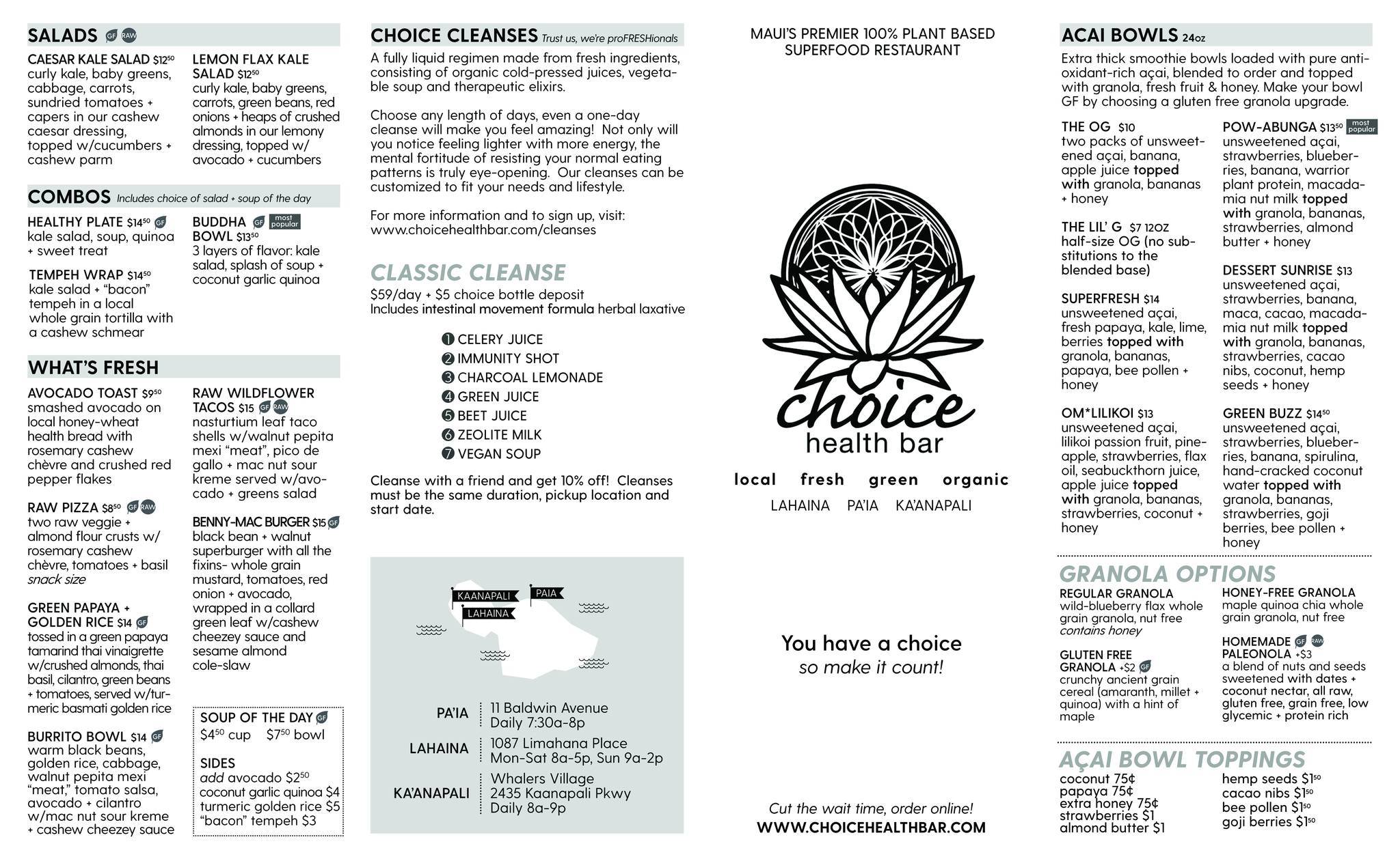 Menu at Choice Health Bar Lahaina, Lahaina, Limahana Pl