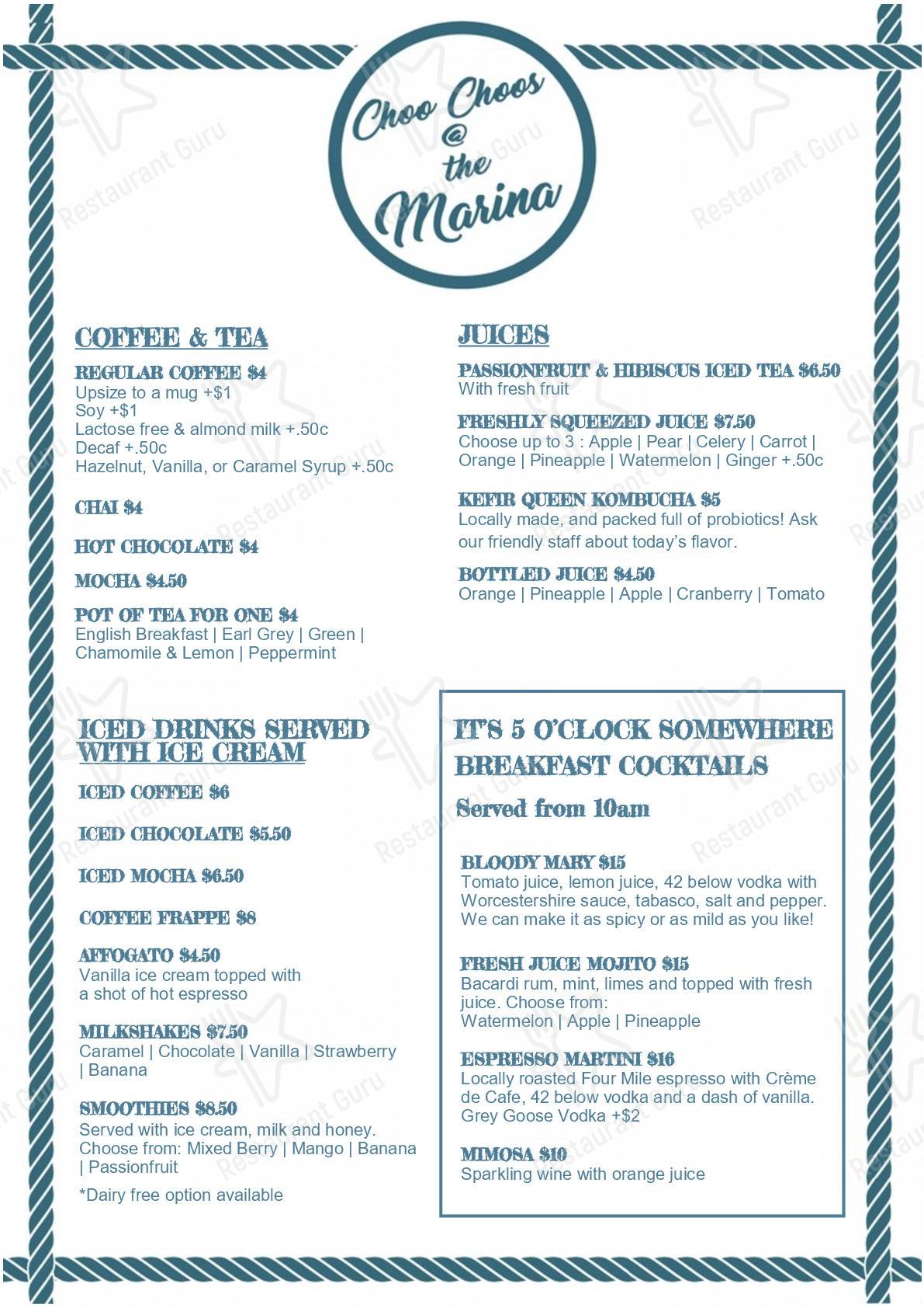 Menu at Choo Choos at the Marina restaurant, Port Douglas, 46 Wharf St