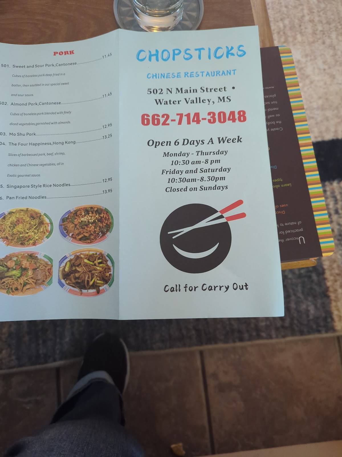 Menu at Chopsticks Chinese Restaurant, Water Valley