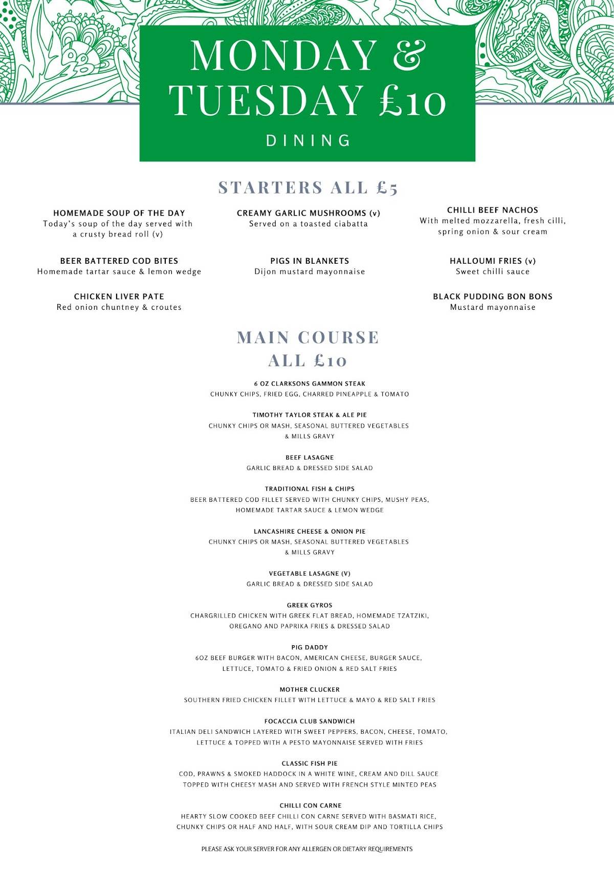 Menu at Euxton Mills pub & bar, Chorley, Wigan Rd