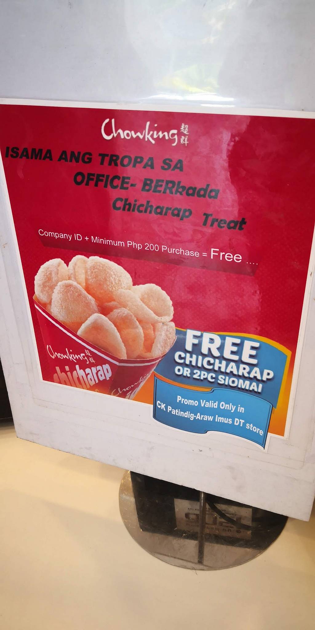 Menu at Chowking Patindig Araw restaurant, Imus, CW4R+53X