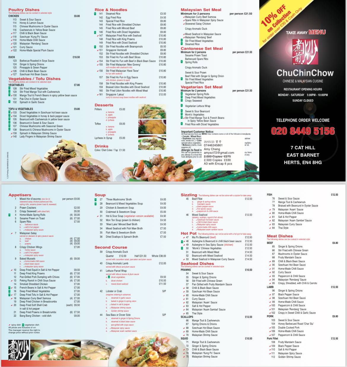 Carta del restaurante Chu Chin Chow, Barnet, 7 Cat Hill