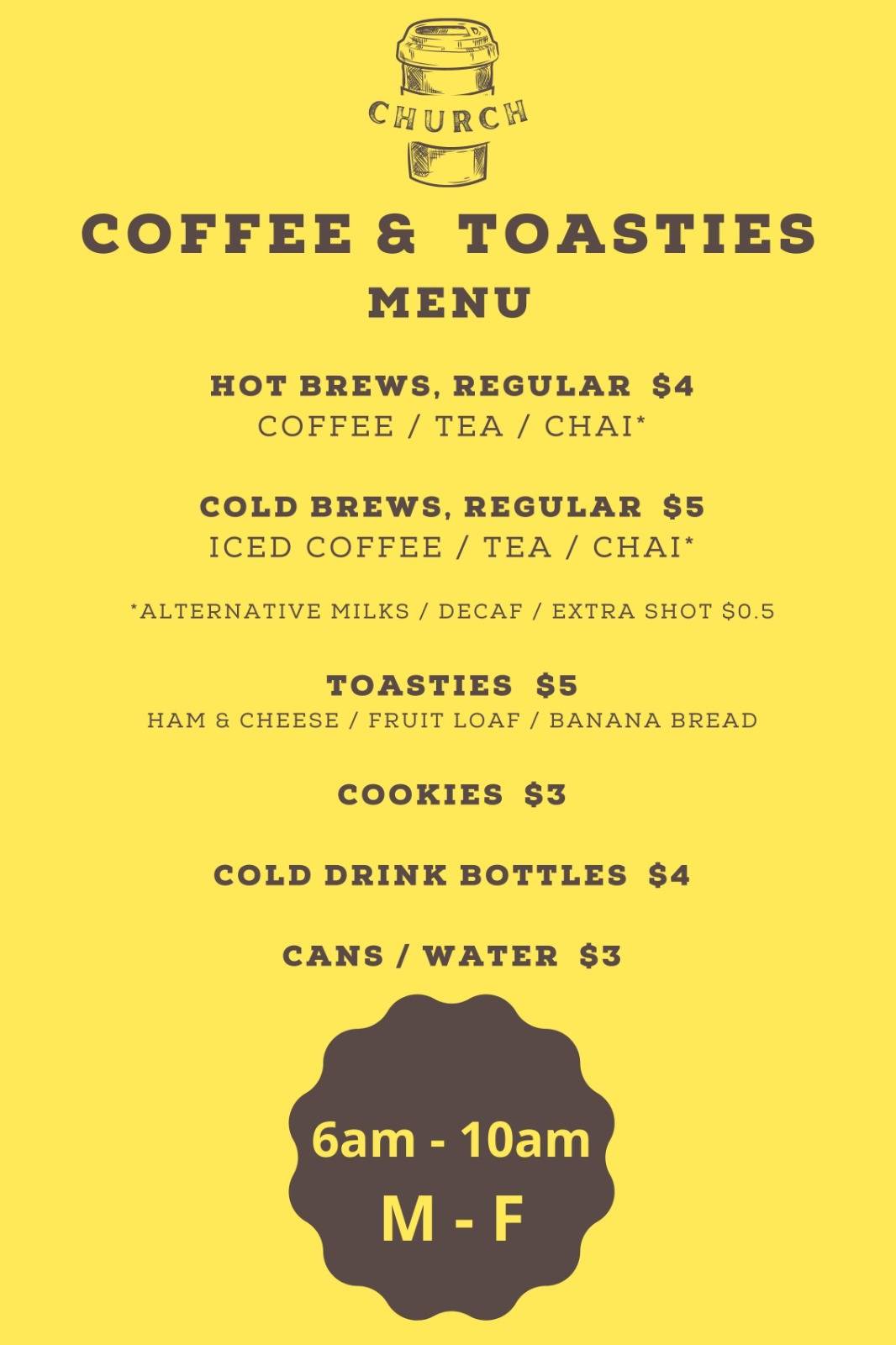Menu at Church Coffee and Toastie cafe, Nollamara