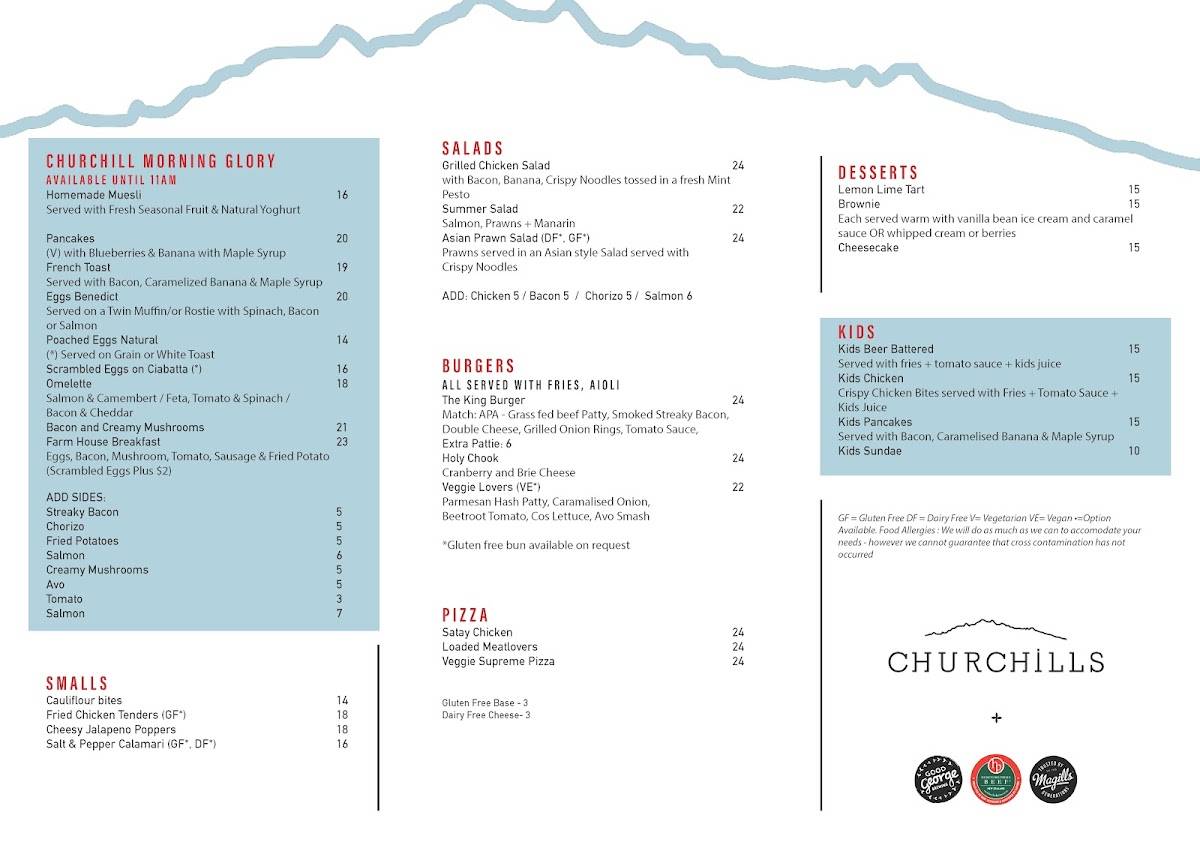 Menu at Churchills of Te Awamutu cafe, Te Awamutu