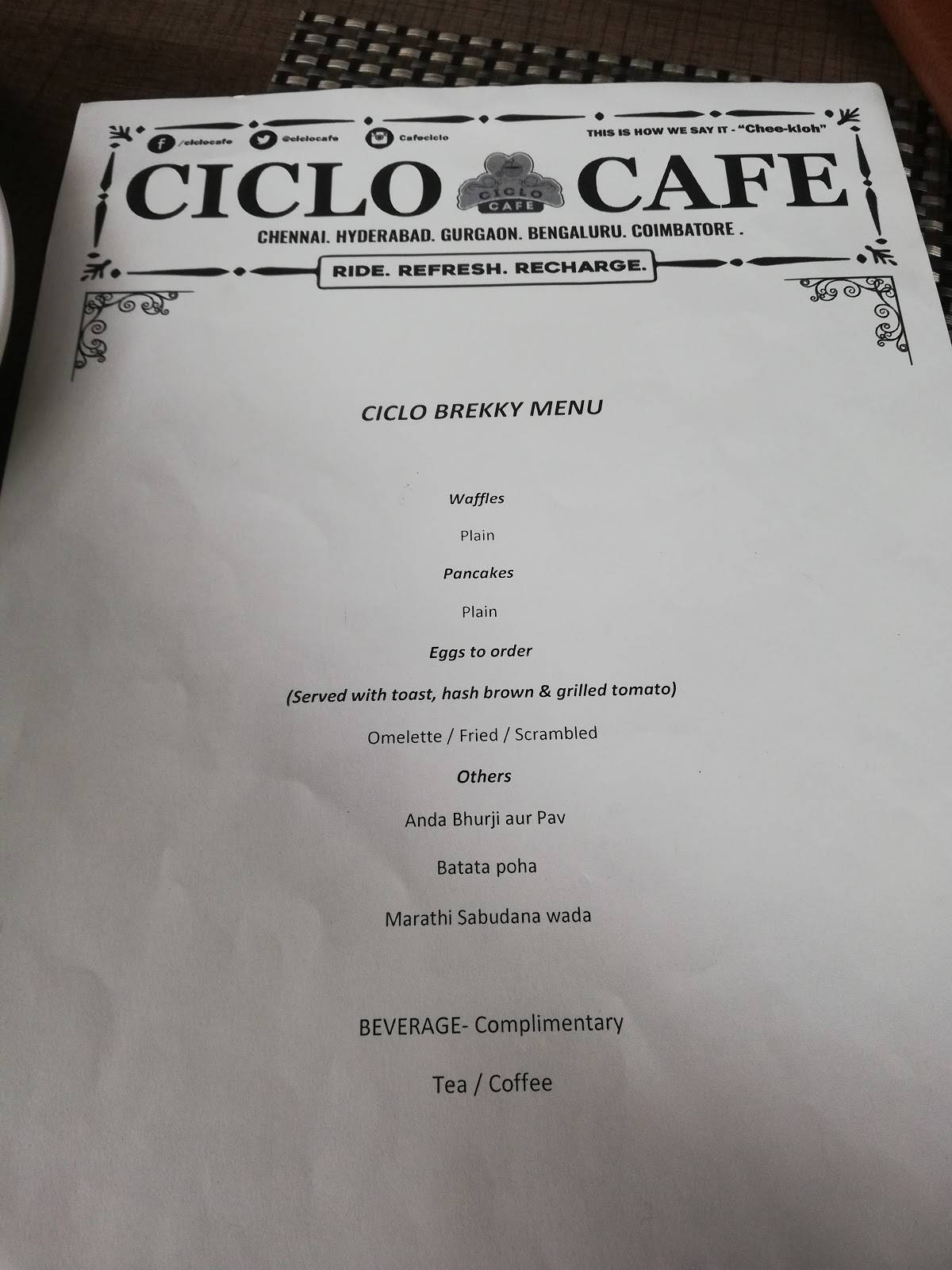 Menu at Ciclo Cafe & Bicycle Shop, Bengaluru
