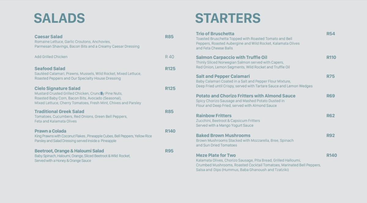 Menu at Cielo Restaurant, Benoni