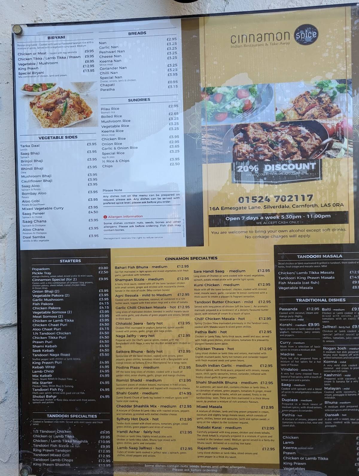 Menu at Cinnamon Spice restaurant, Carnforth, 16a Emesgate Ln
