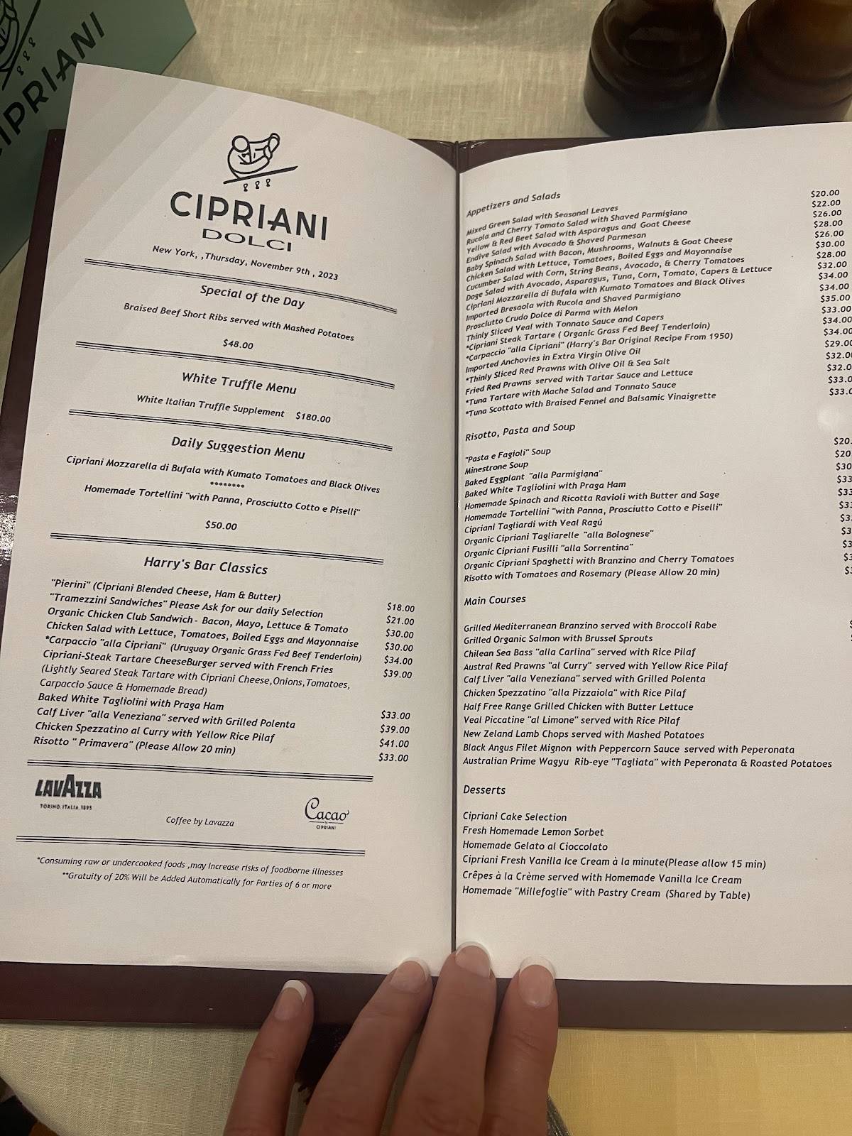 Menu at Cipriani Dolci restaurant, West New York