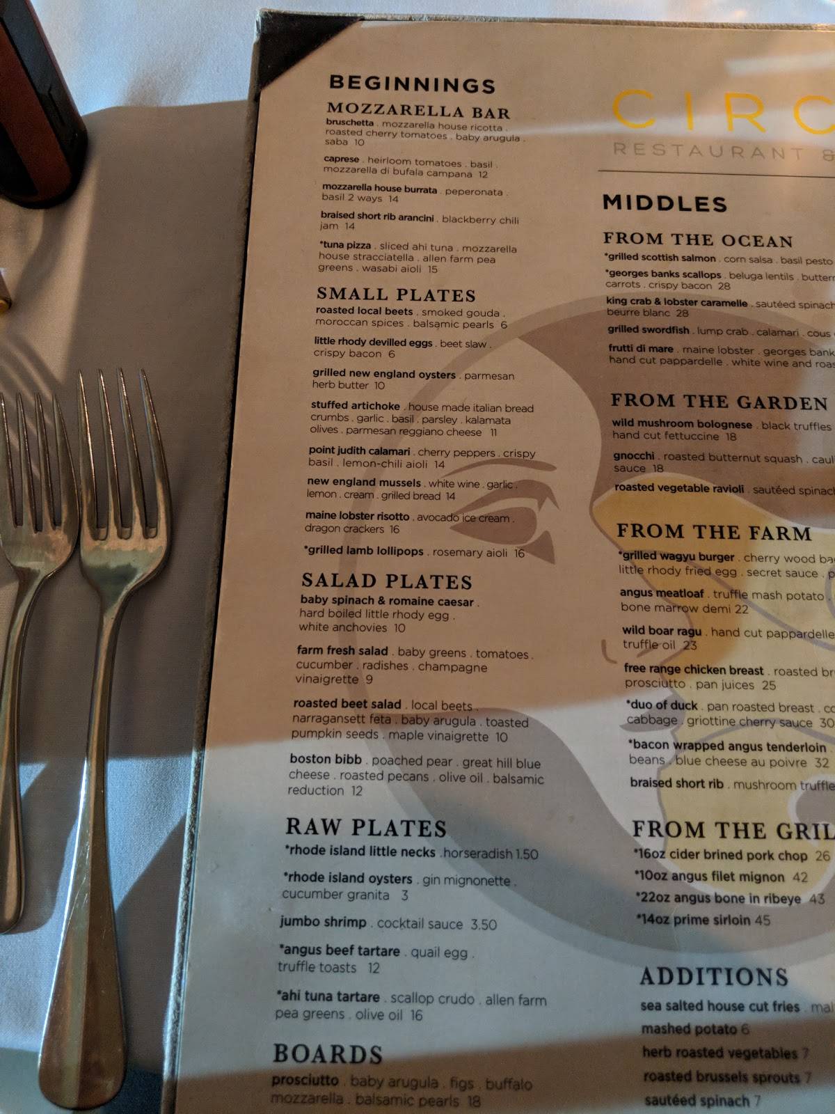 Menu at Circe Restaurant & Bar - Providence, Providence