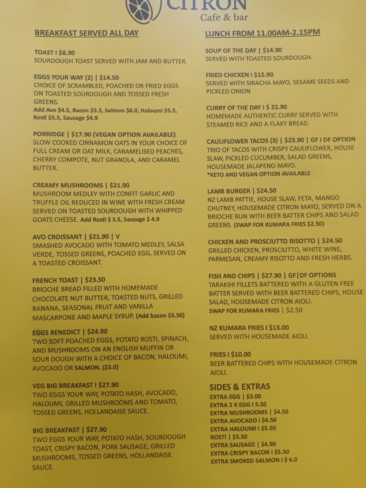 Menu at Citron Cafe and Bar, Rotorua, Arawa St