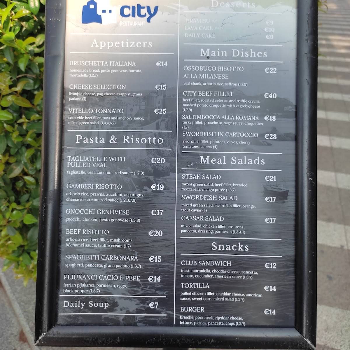 Menu at City Restaurant & Bar, Dubrovnik