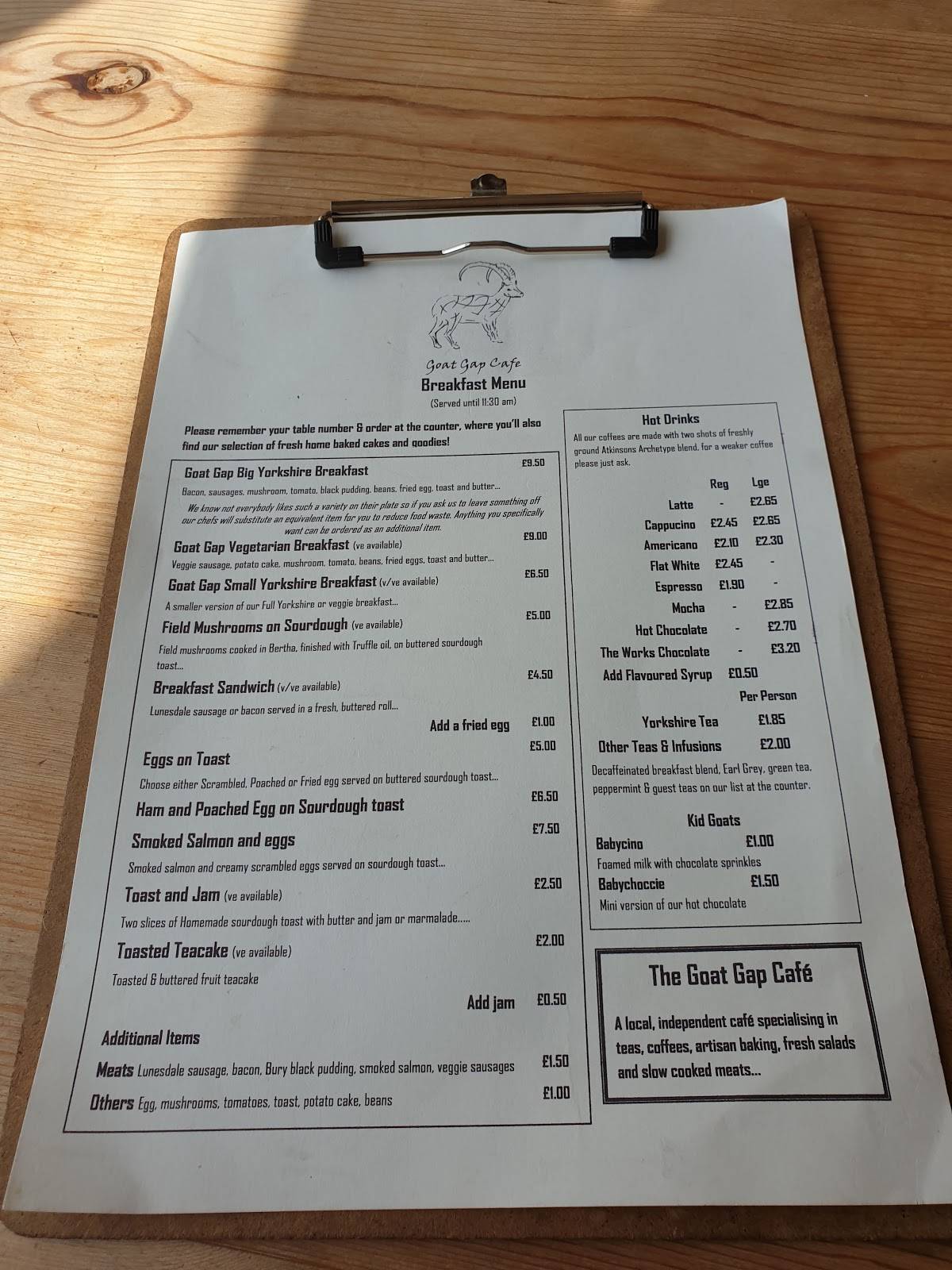 Menu at Goat Gap Cafe, Clapham cum Newby