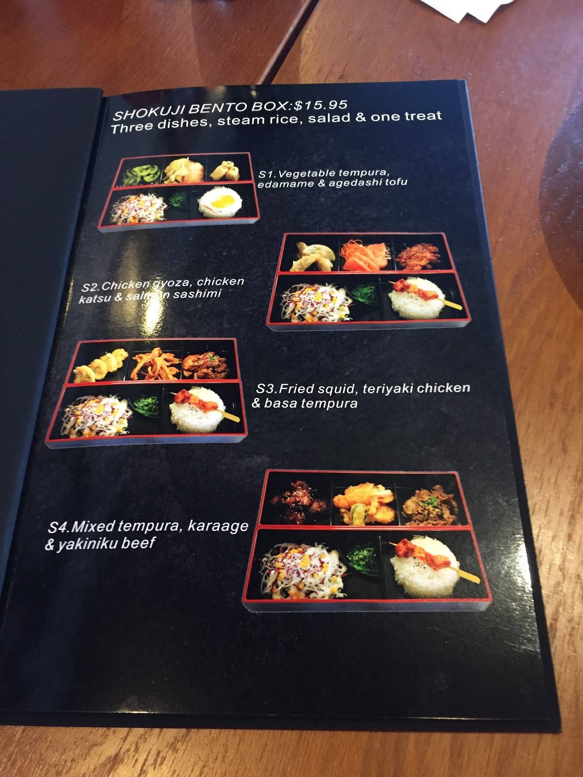 Menu at Shokuji Japanese Restaurant, Claremont