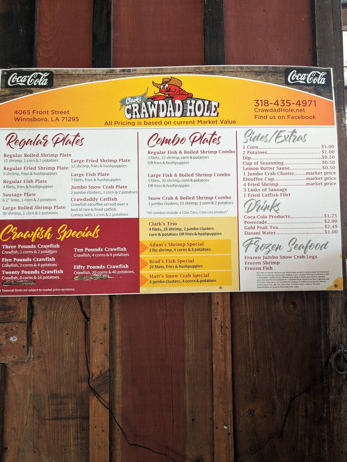 Menu at Clark's Crawdad Hole restaurant, Winnsboro