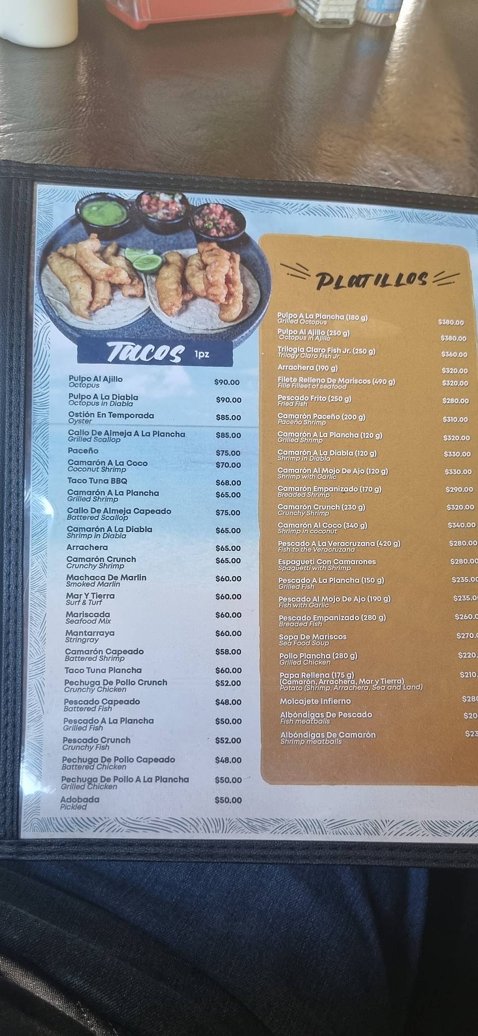 Menu at Claro Fish Jr. restaurant, Cabo San Lucas, Leona Vicario s/n