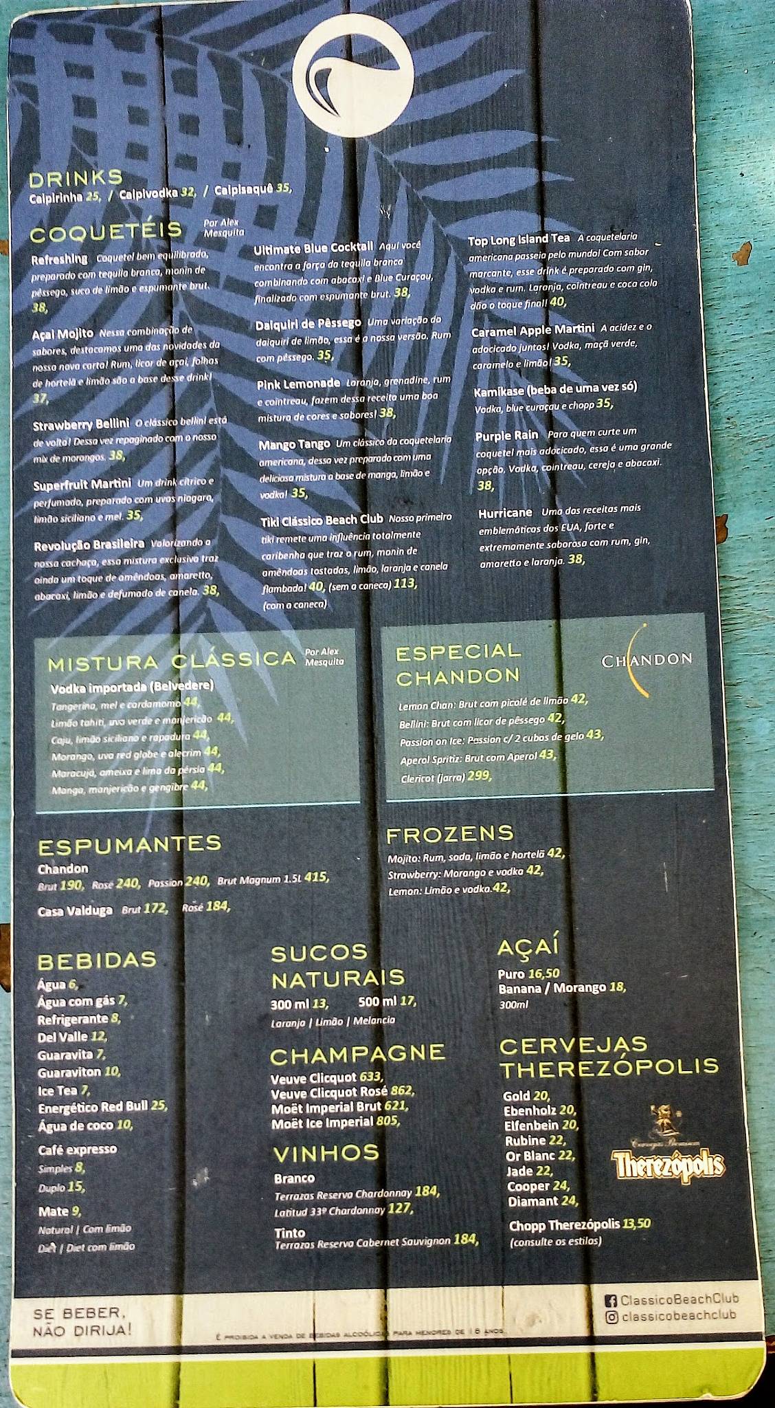Menu em Clássico Sunset Club Urca, Rio de Janeiro