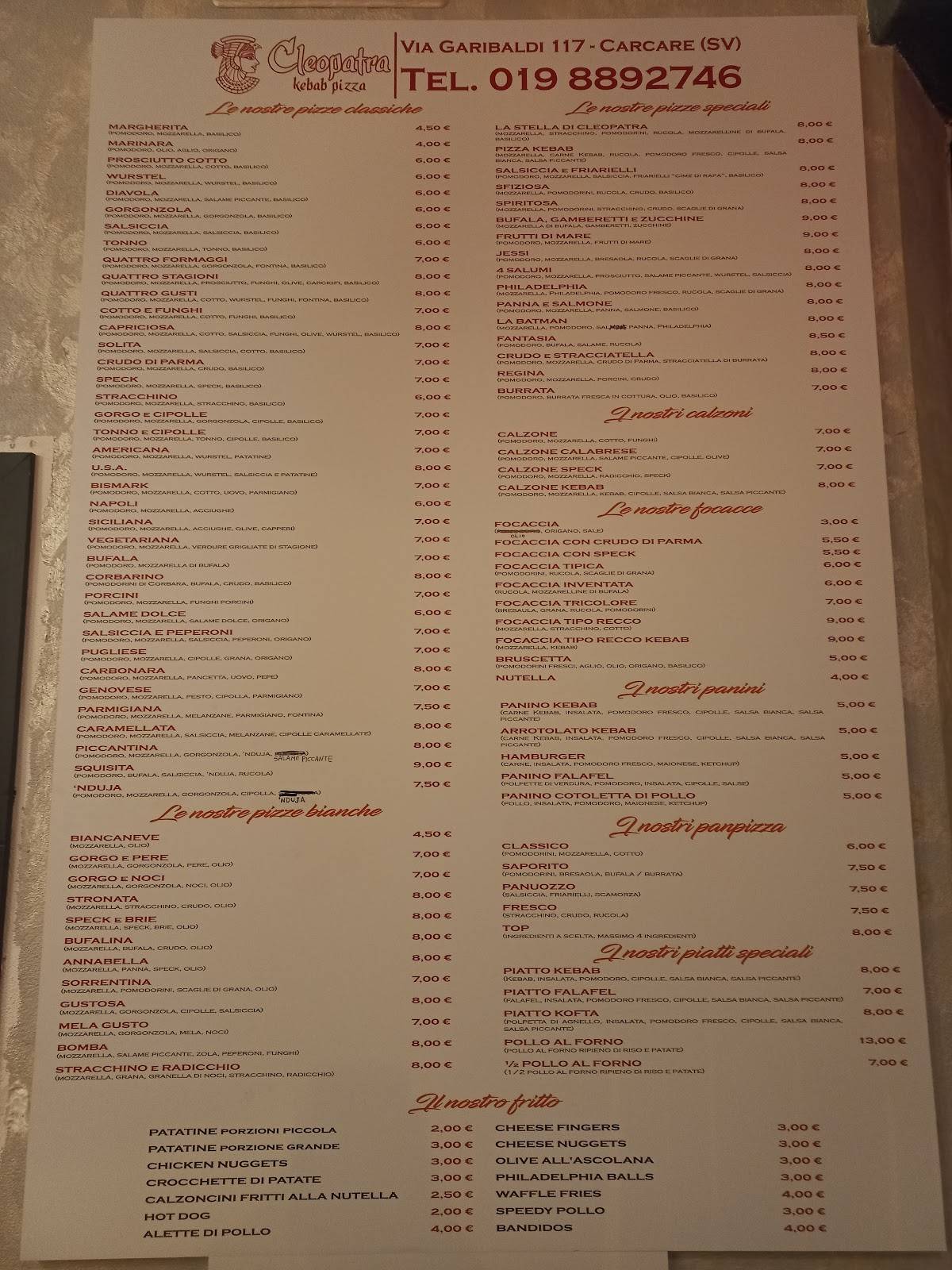 Carta de Cleopatra Pizzeria Kebab, Carcare