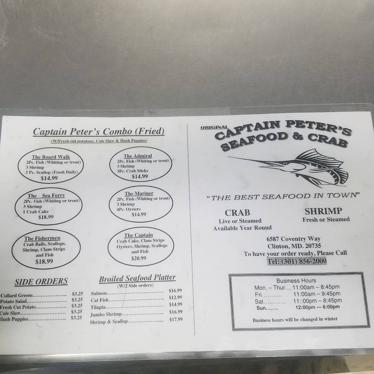 Menu at Captain Peter's Seafood restaurant, Clinton