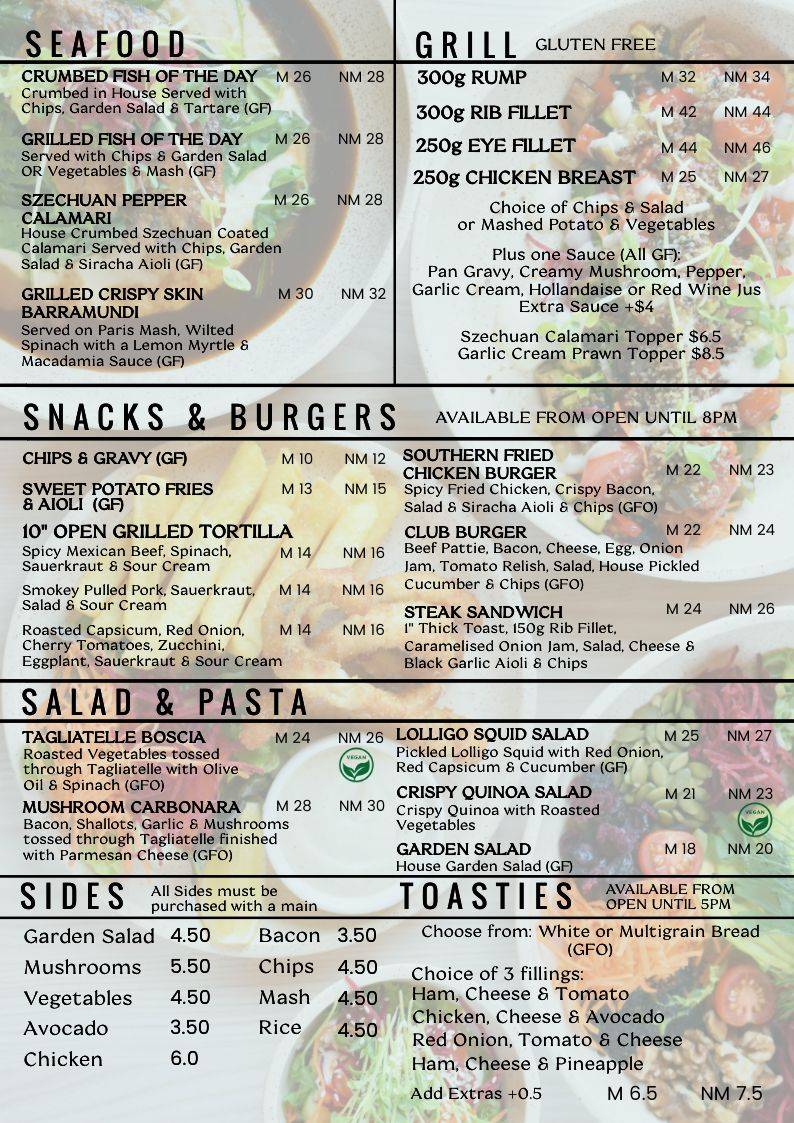 Menu at Cooroy RSL club, Cooroy