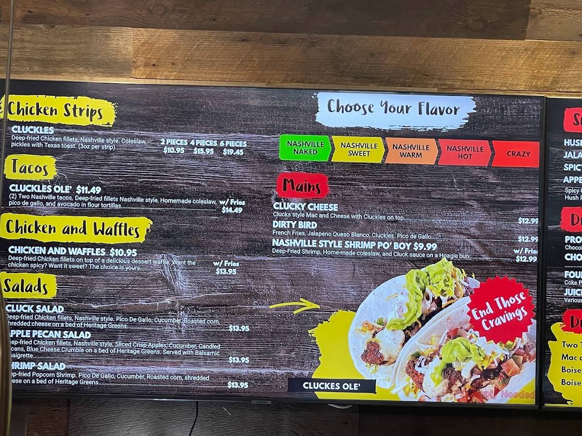 Menu at Cluck's, Nashville Hot Chicken restaurant, Meridian
