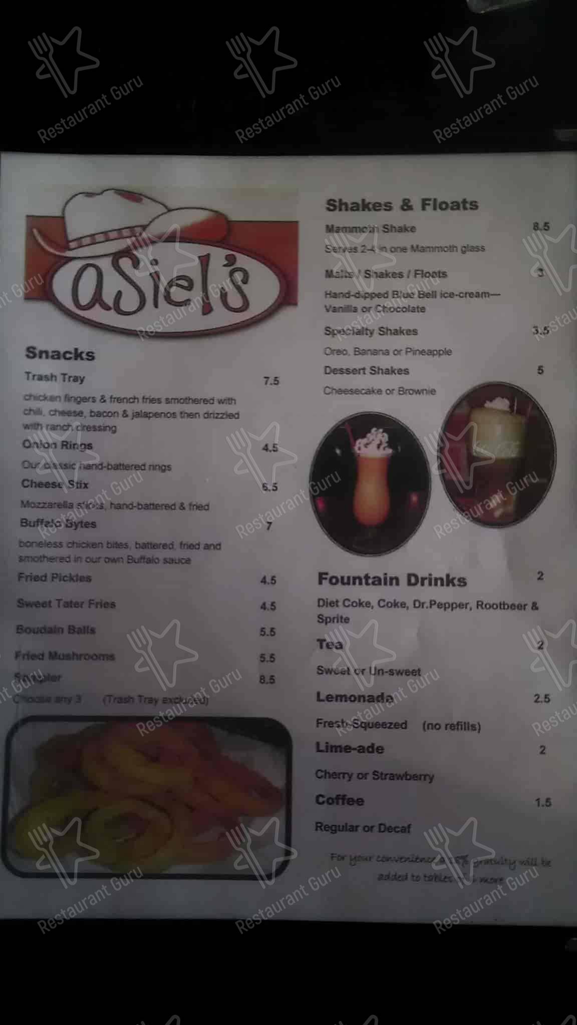 Menu at Asiel's Restaurant, Lake Jackson