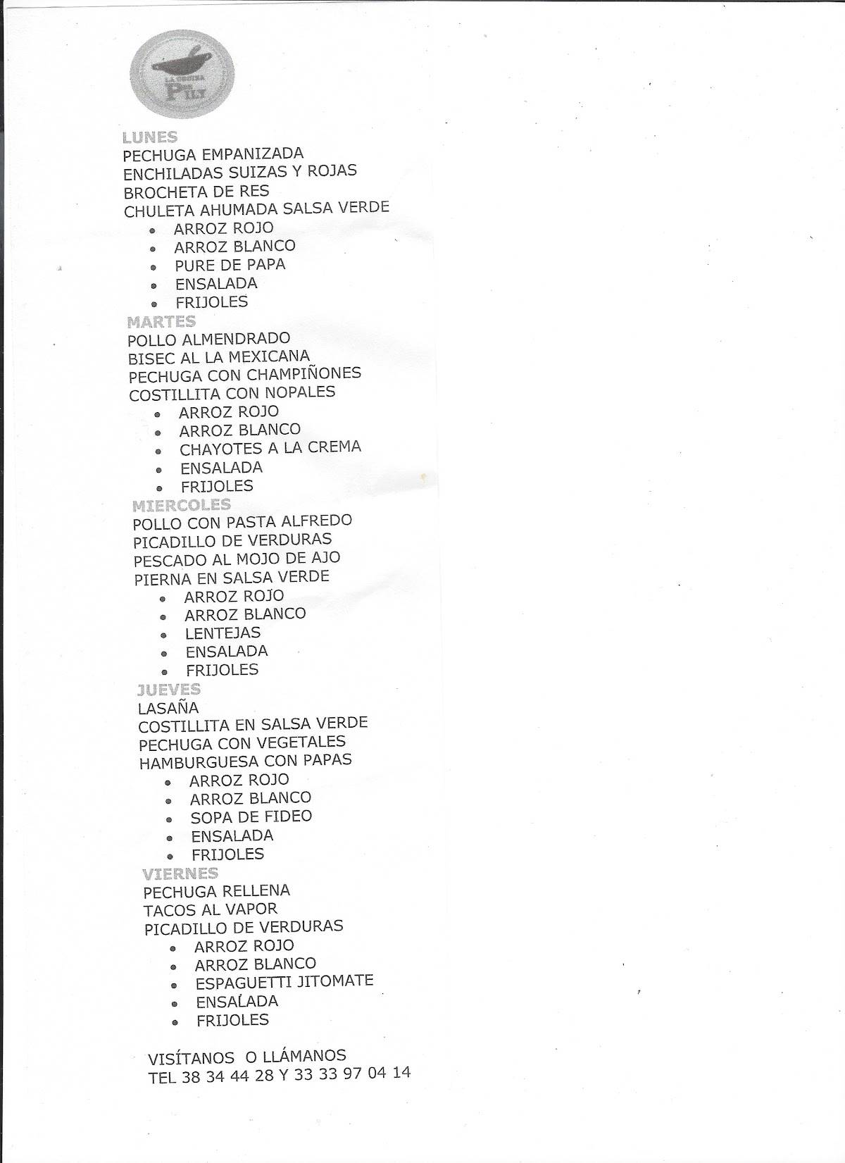 Carta del restaurante Cocina del Pily, Zapopan