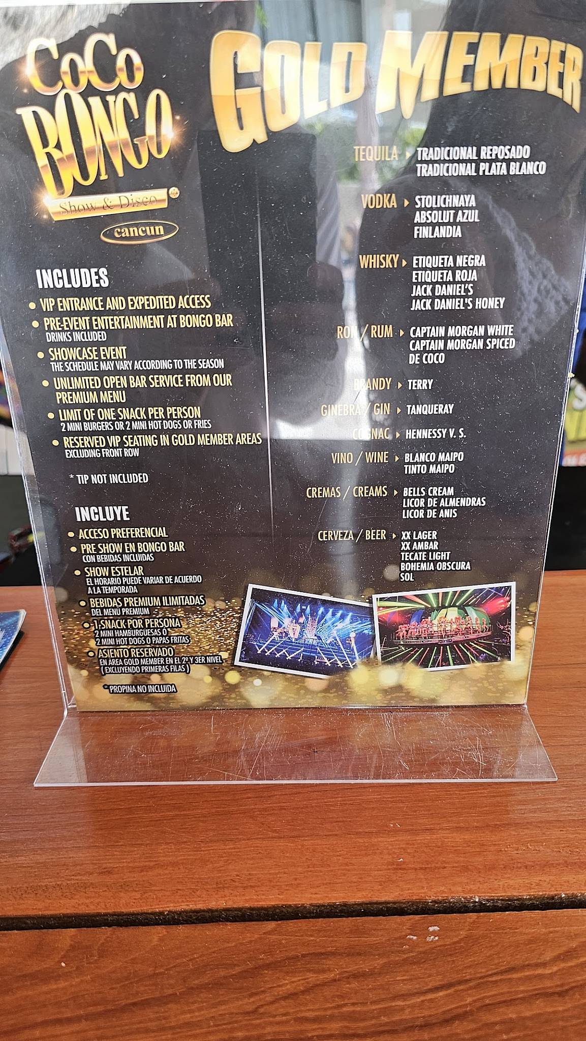 Menu at Coco Bongo Cancun club, Cancún, Blvd. Kukulcan 9.5