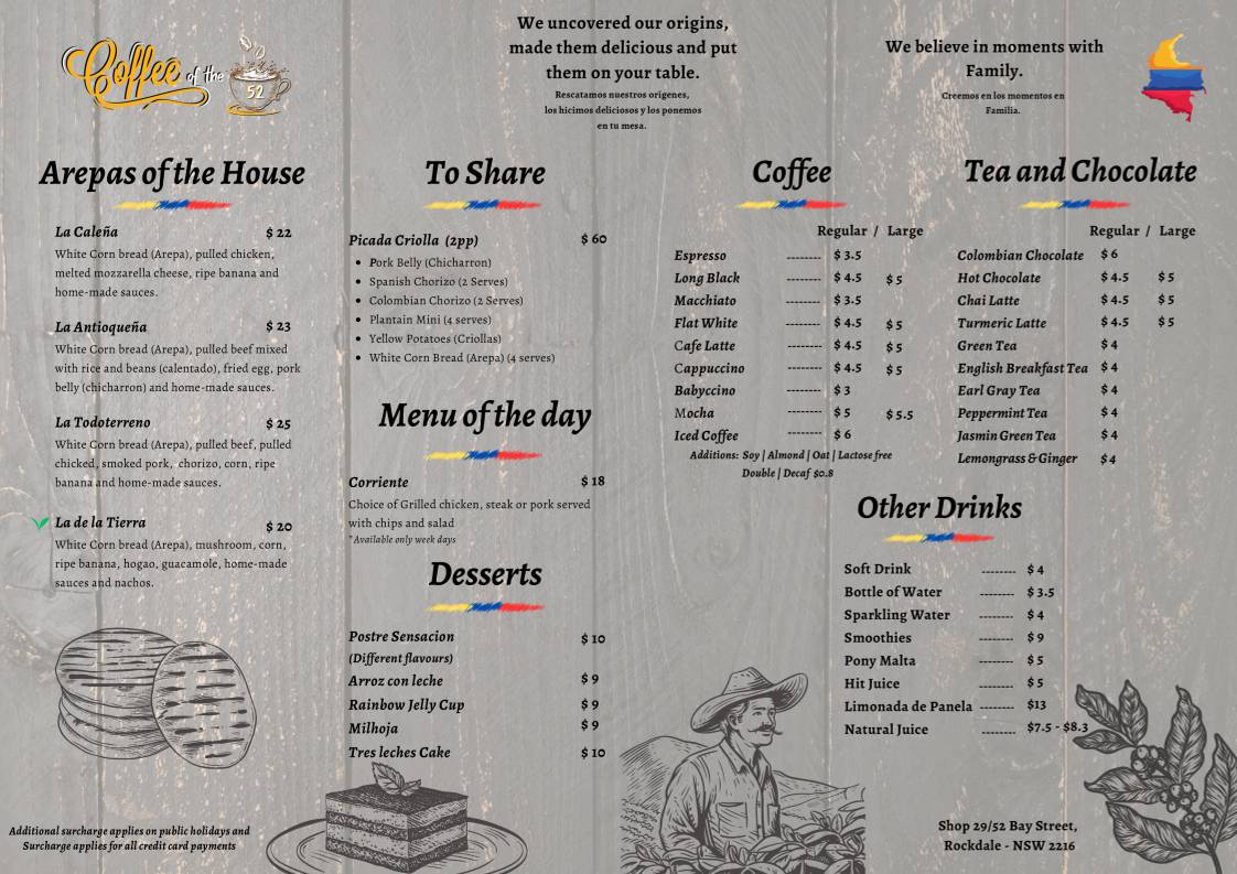 Menu at Coffee of the 52, Rockdale