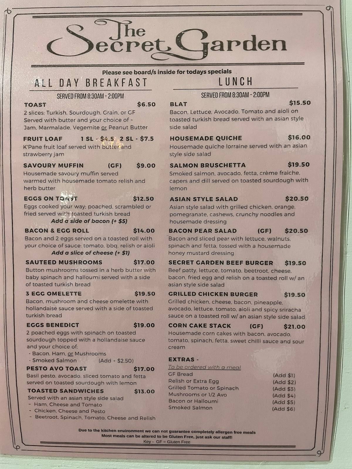 Menu at The Secret Garden Cafe, Boambee