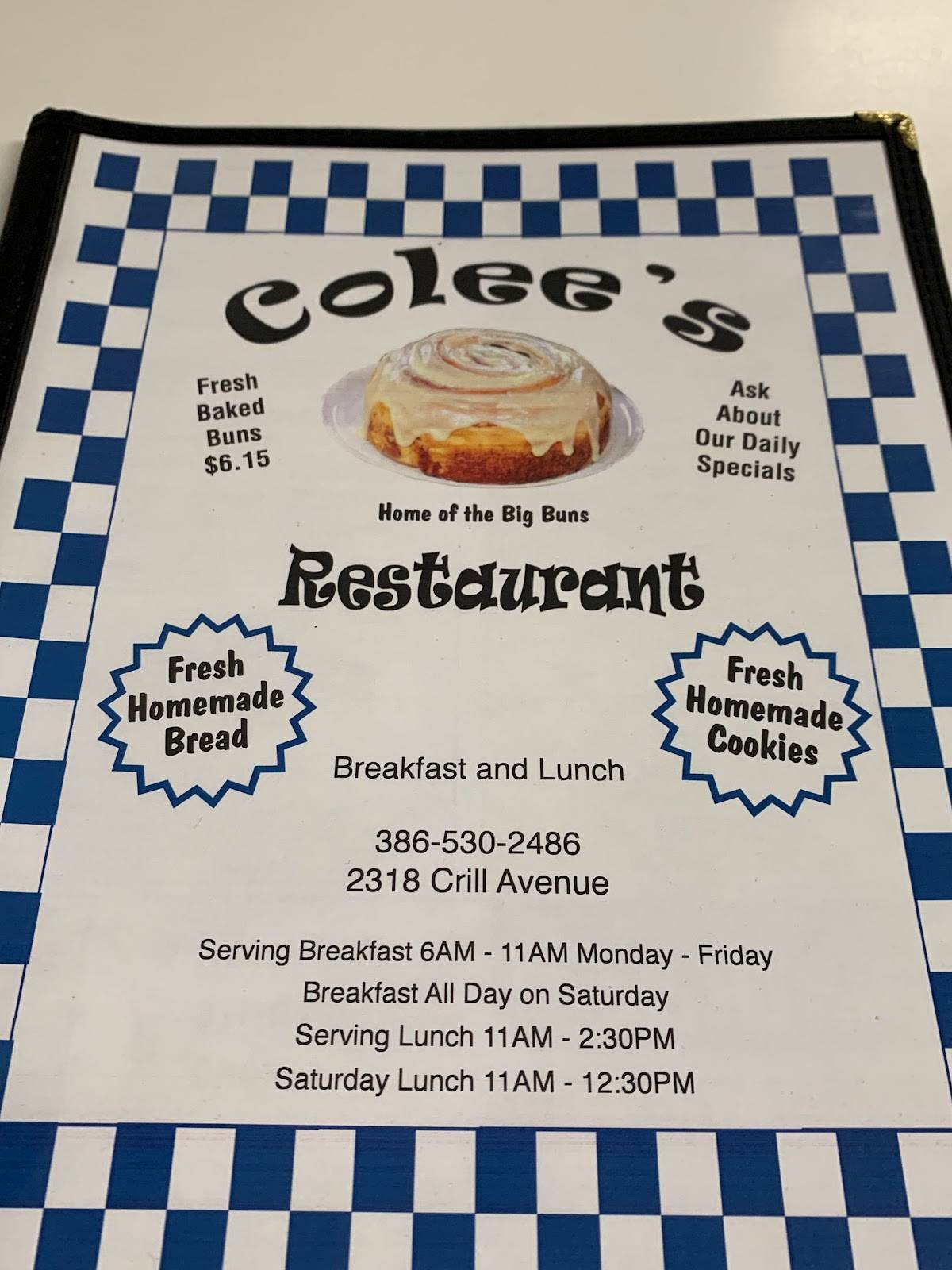 Menu at Colee's restaurant, Palatka