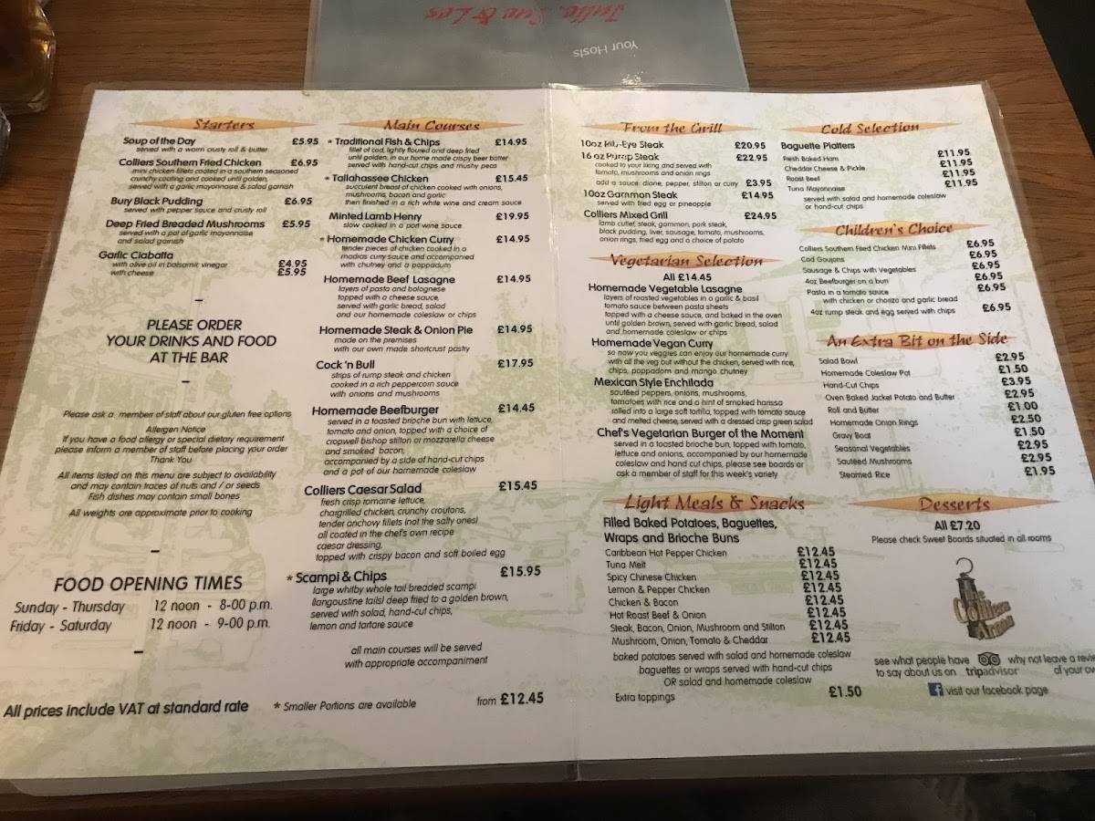 Menu at Colliers Arms pub & bar, St Helens