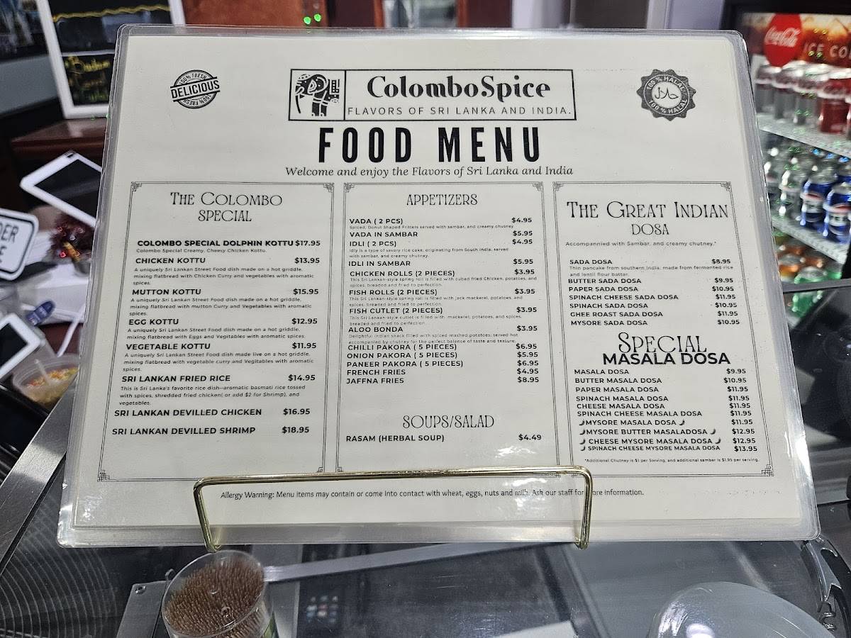 Menu at Colombo spice restaurant, Buffalo
