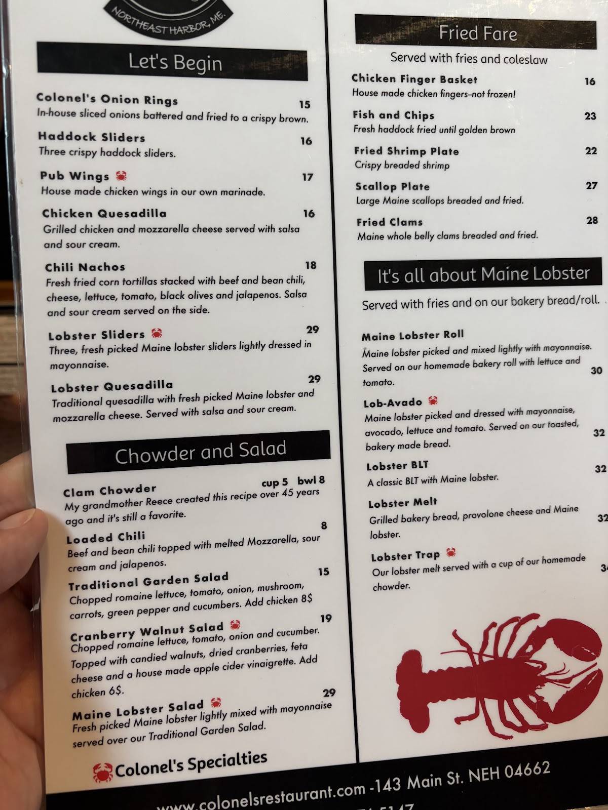 Menu at Colonel's Restaurant and Bakery, Mount Desert
