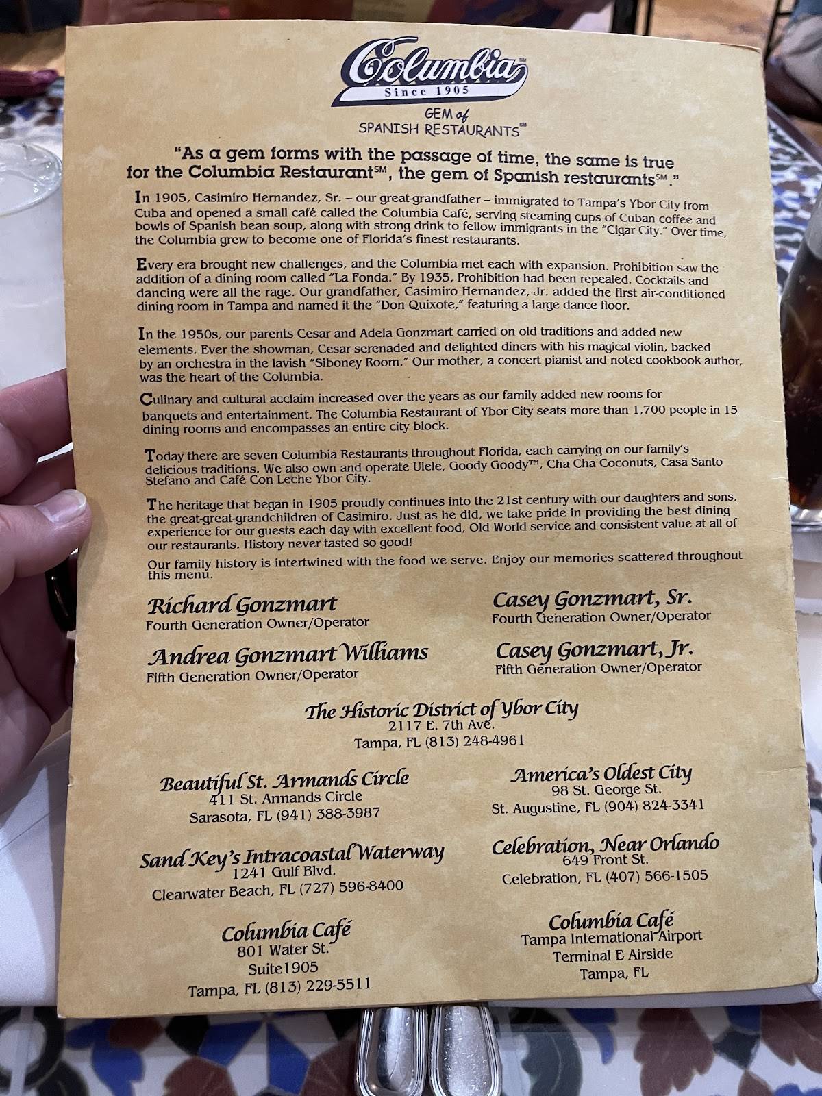 Menu at Columbia Restaurant, St. Augustine