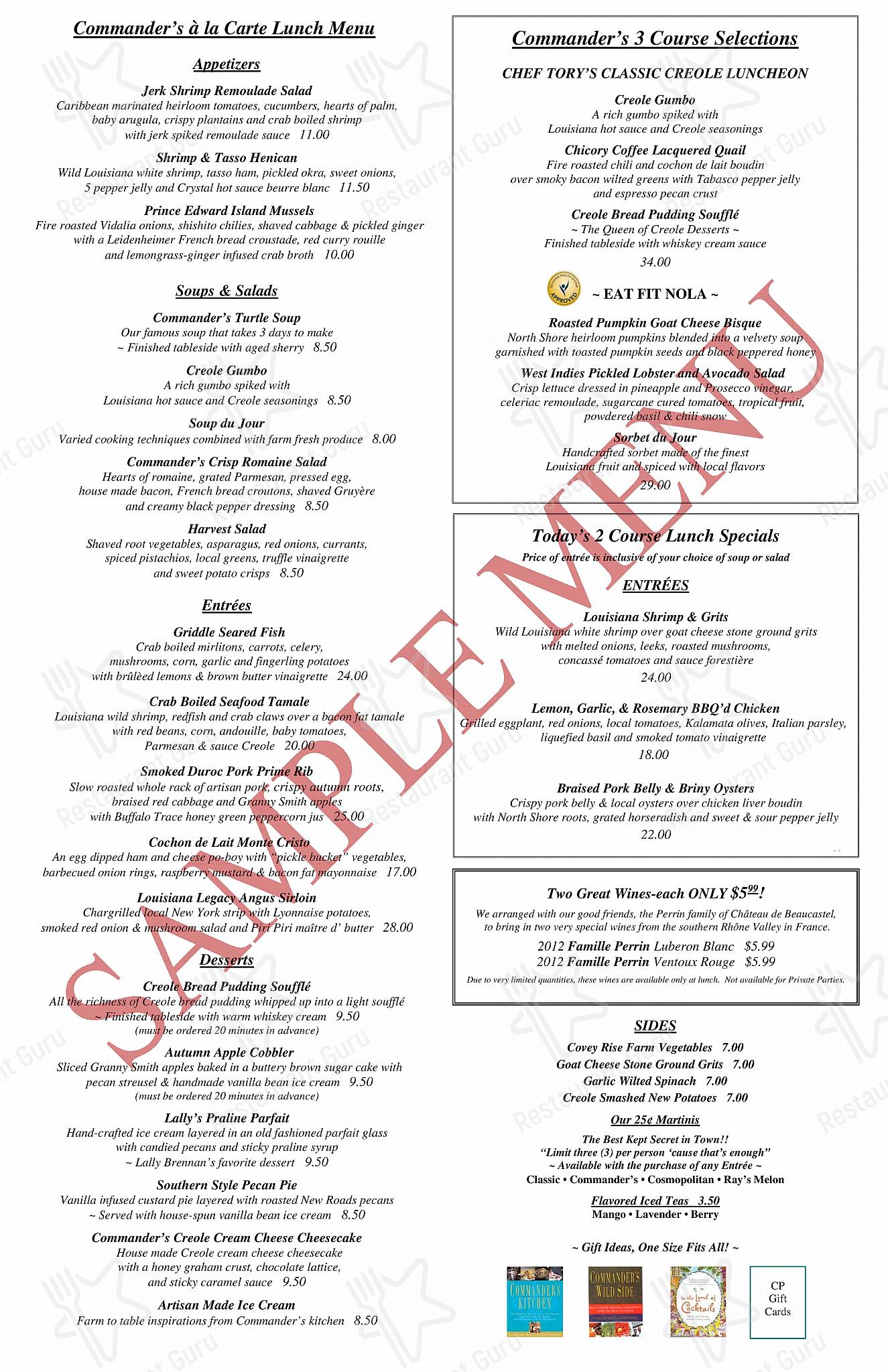 Menu at Commander's Palace pub & bar, New Orleans