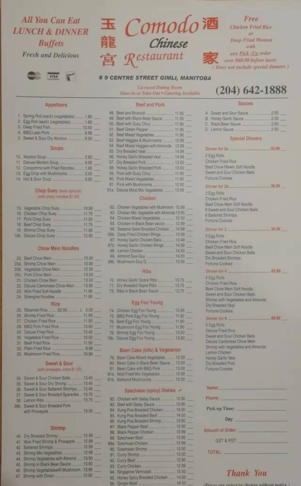 Menu at Comodo Chinese Restaurant, Gimli