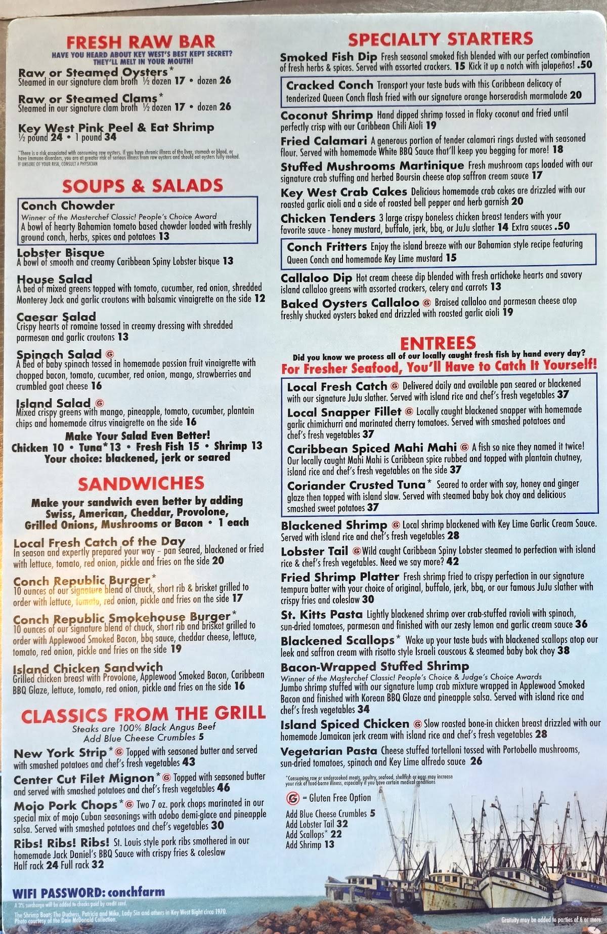Menu at Conch Republic Seafood Company, Key West