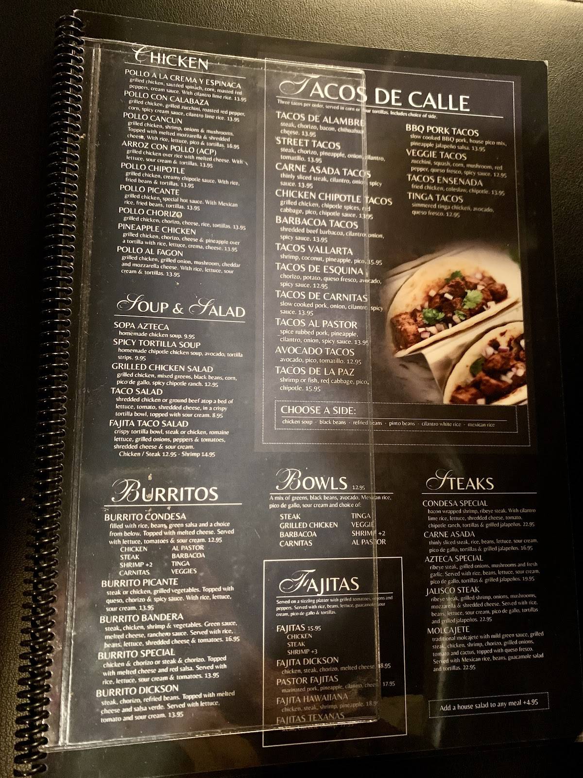 Menu at Condesa Tacos & Tequila restaurant, Dickson